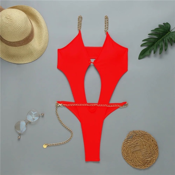 imOgen | Swim | Nwt Cut Out Swimsuit Red Gold Chain Monokini Bodysuit ...